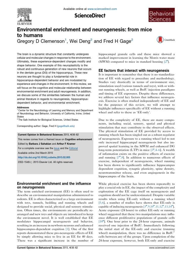 Environmental Enrichment and Neurogenesis | PDF | Hippocampus | Physiology