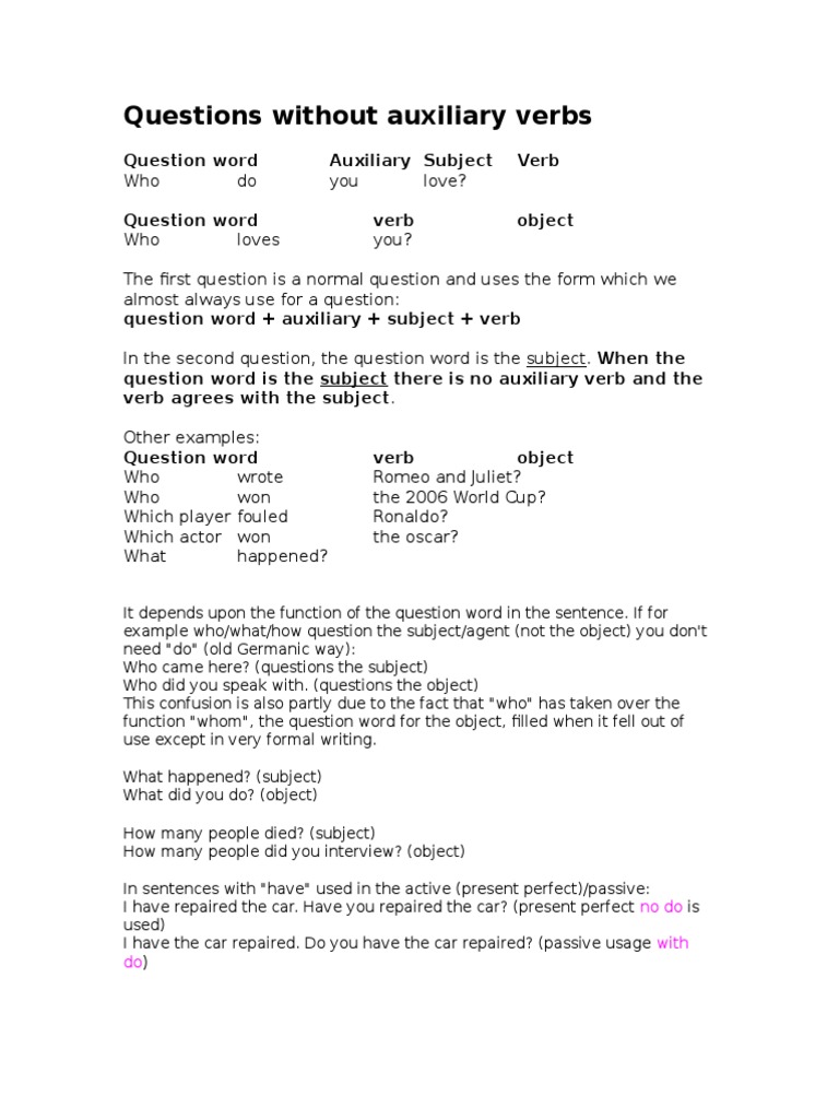 Questions Without Auxiliary Verbs | PDF