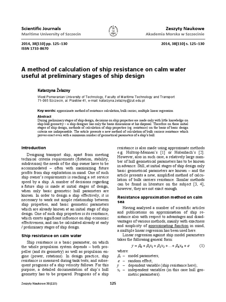 A Method of Calculation of Ship Resistance On Calm Water Useful at Preliminary Stages of Ship ...