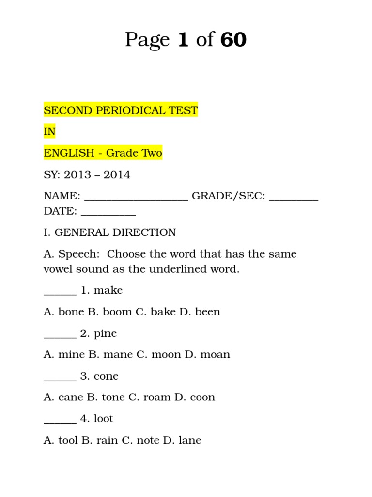 Grade 2 English Periodical Test 2013-2014 | PDF