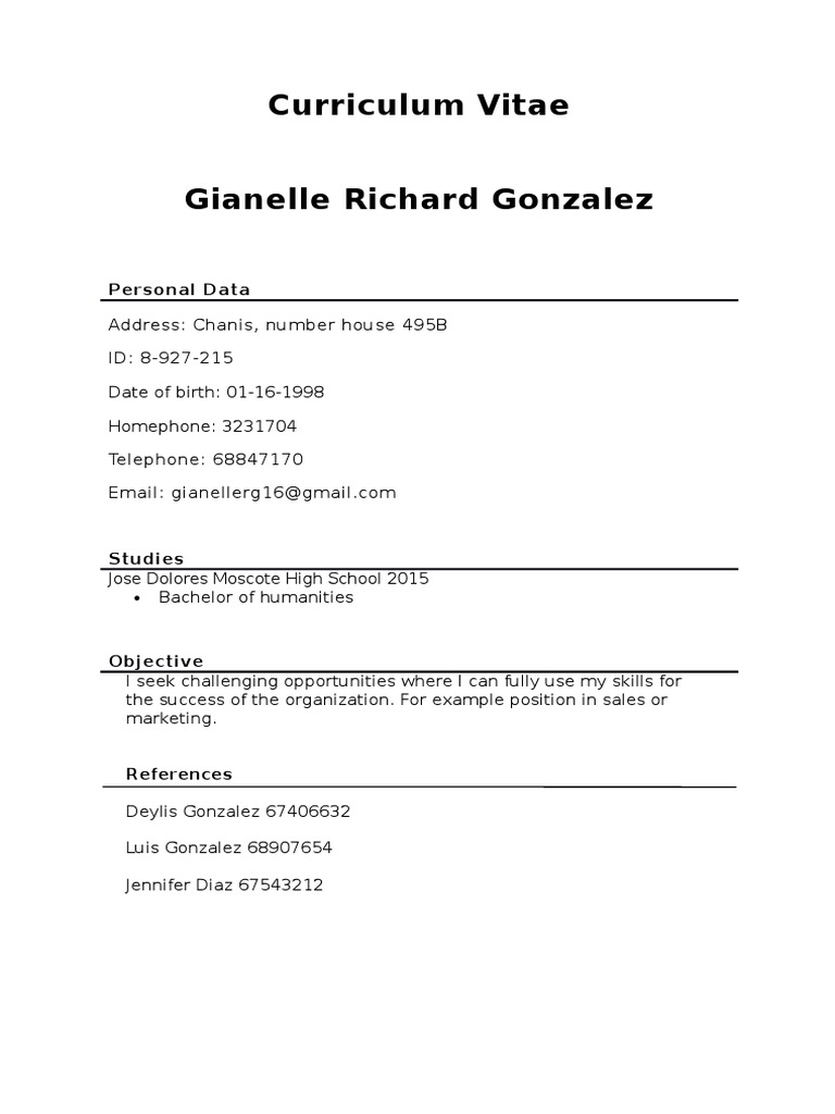 Curriculum Vitae Gianelle Richard Gonzalez: Personal Data | PDF | Self ...