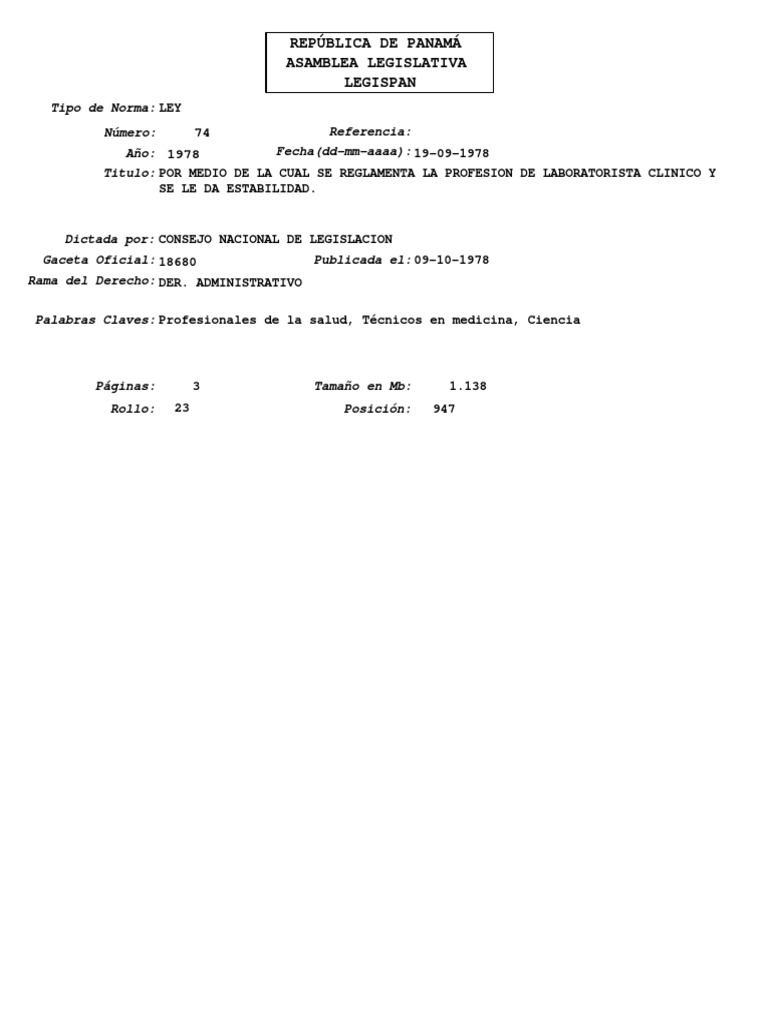 Ley 74 de 1978: Regulación Laboratoristas Clínicos | PDF | Panamá ...