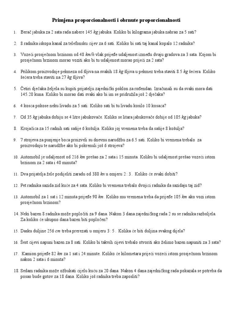 Proporcionalnost Zadaci | PDF