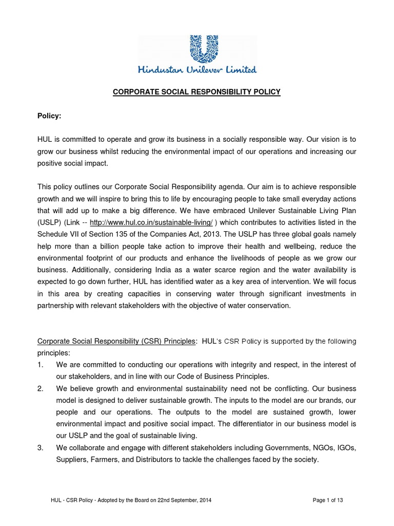 HUL CSR Policy | PDF