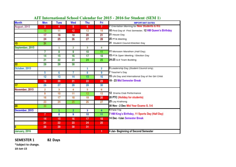 Aitis Calendar 2015 2016 Semester1 Student | PDF