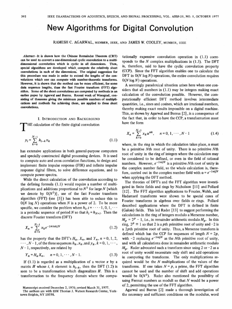 1977 New Algorithms For Digital Convolution Pdf Discrete Fourier Transform Fast Fourier
