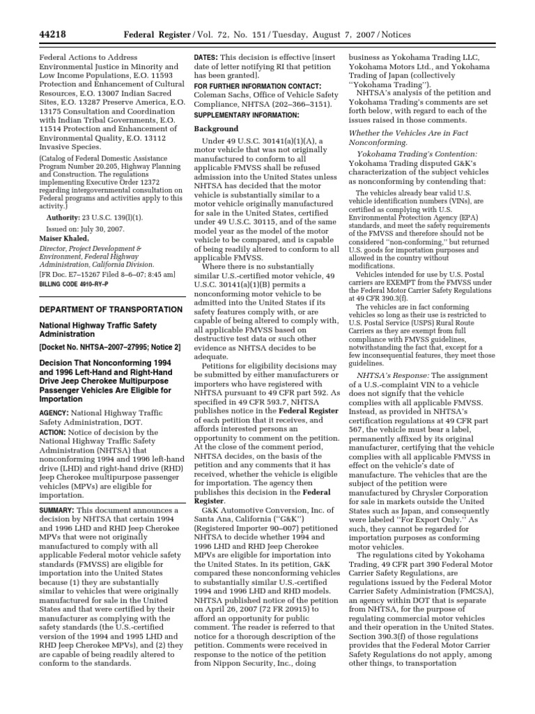 Notice: Motor Vehicle Safety Standards Nonconforming Vehicles ...