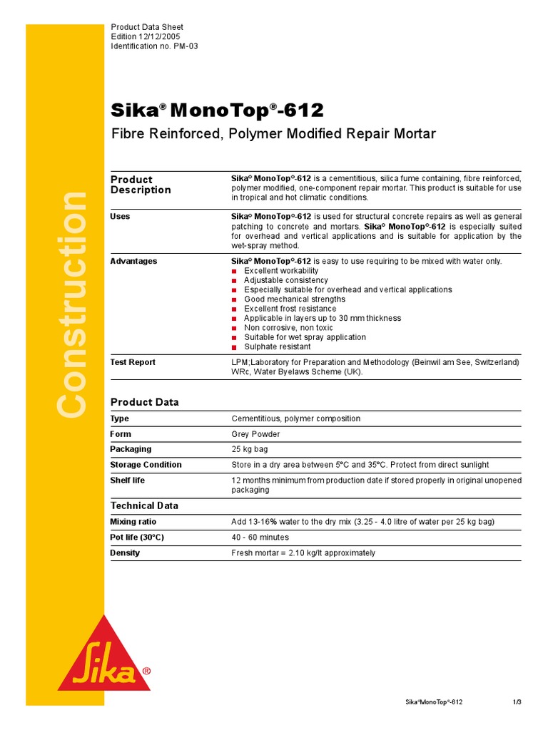 Sika MonoTop-612 | PDF | Mortar (Masonry) | Concrete