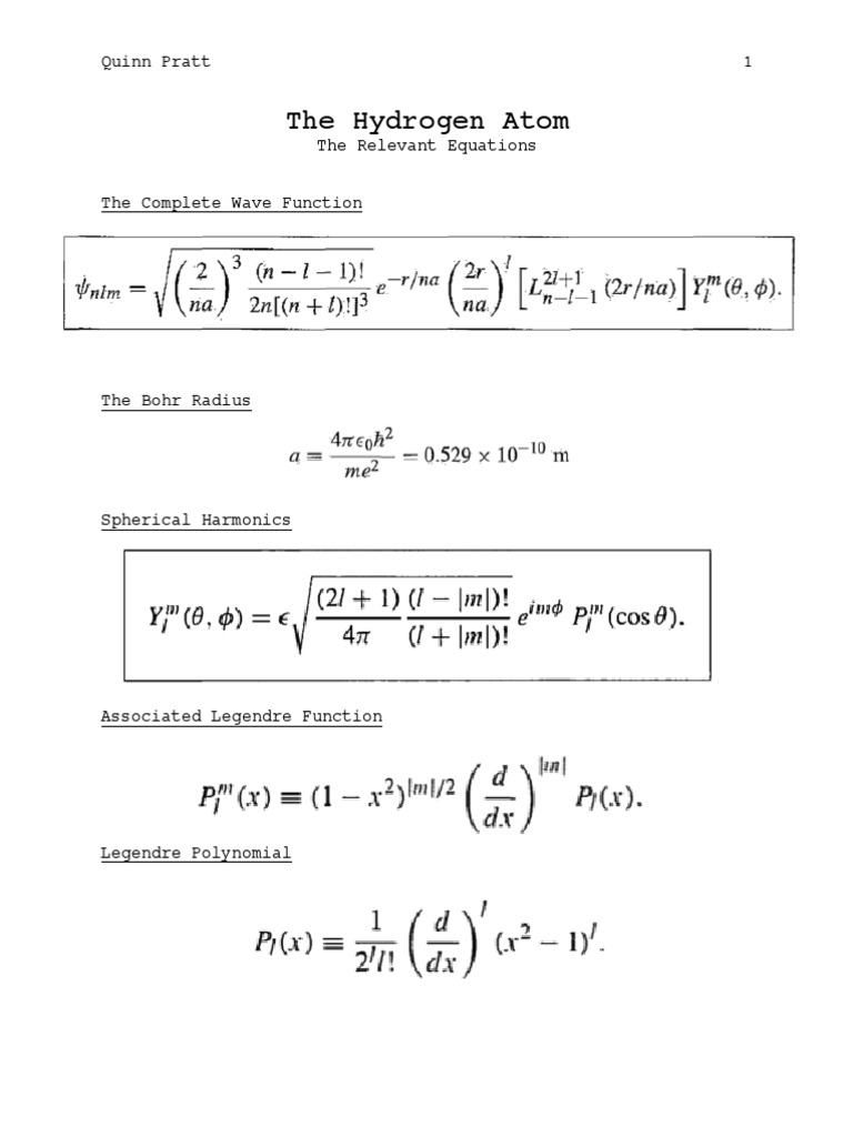 Advanced Hydrogen Atom Equations | PDF