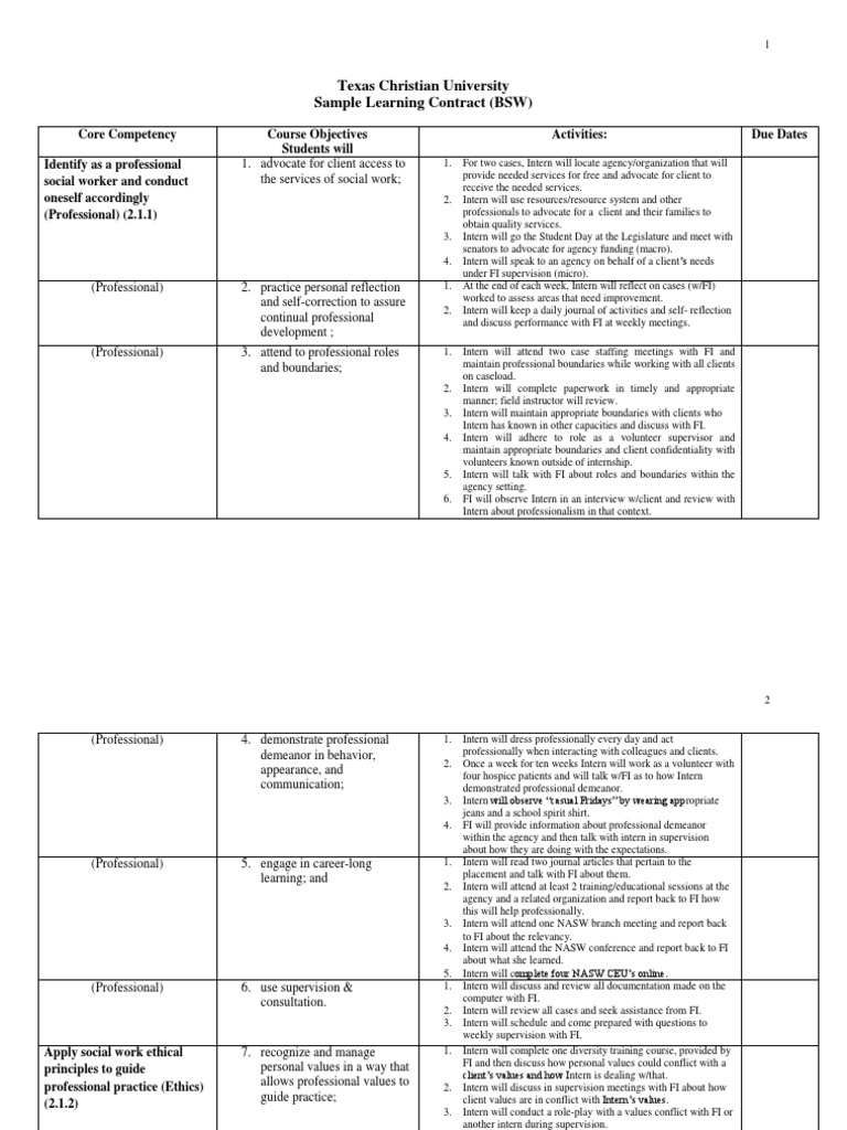 BSW SAMPLE Learning Contract | Internship | Job Hunting
