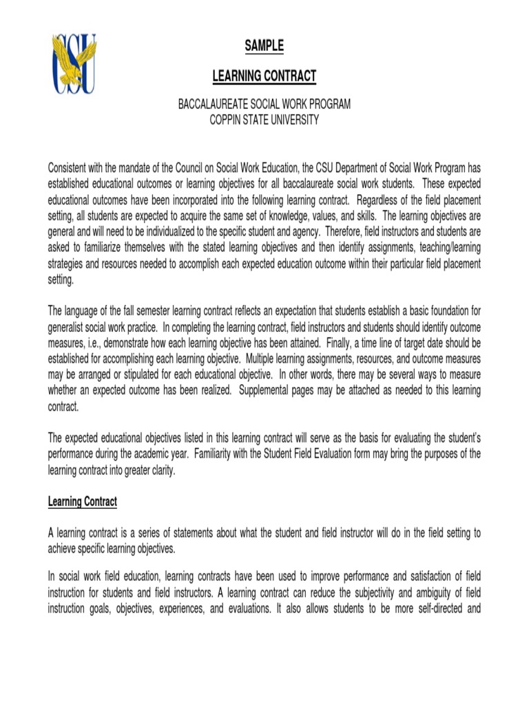 Sample Learning Contract Social Work Evaluation