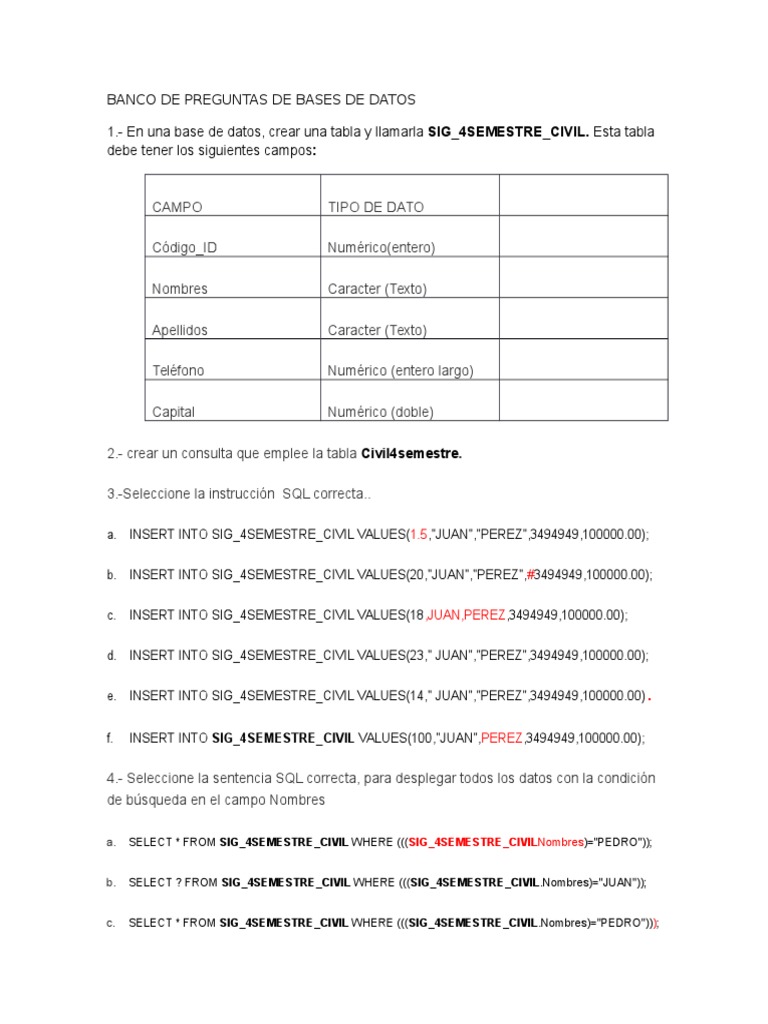Banco de Preguntas SQL y Bases de Datos | PDF | SQL | Tecnologías de la información