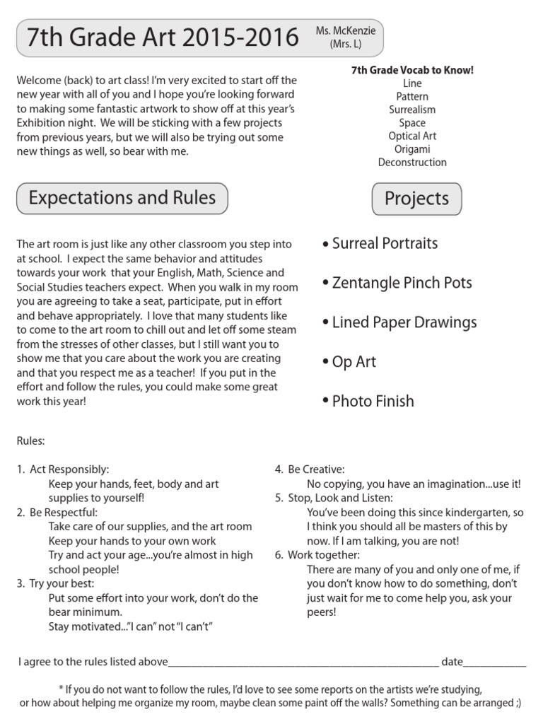 7th Grade Syllabus | PDF | Home & Garden | Art