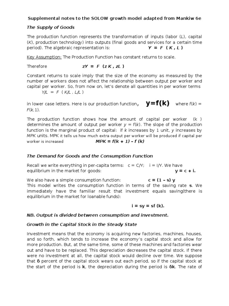 The Supply of Goods: Supplemental Notes To The SOLOW Growth Model ...