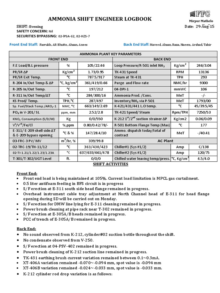 Ammonia Shift Engineer Logbook: Front End Staff: Back | PDF ...