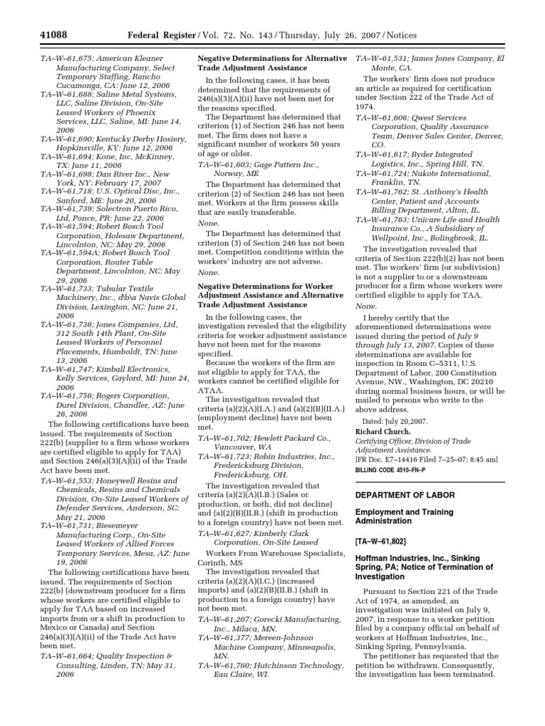 Notice: Adjustment Assistance Applications, Determinations, Etc.: Hoffman Industries, Inc. | PDF ...