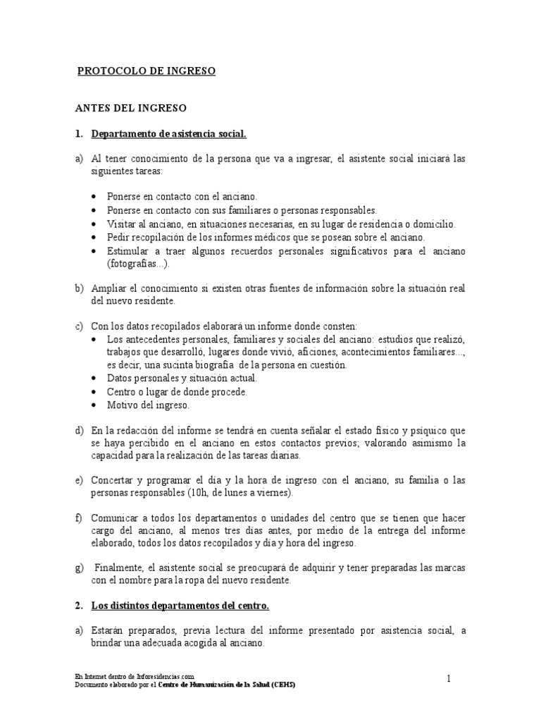 Protocolo de Ingreso en Residencias de Mayores | PDF | Enfermería | Vejez