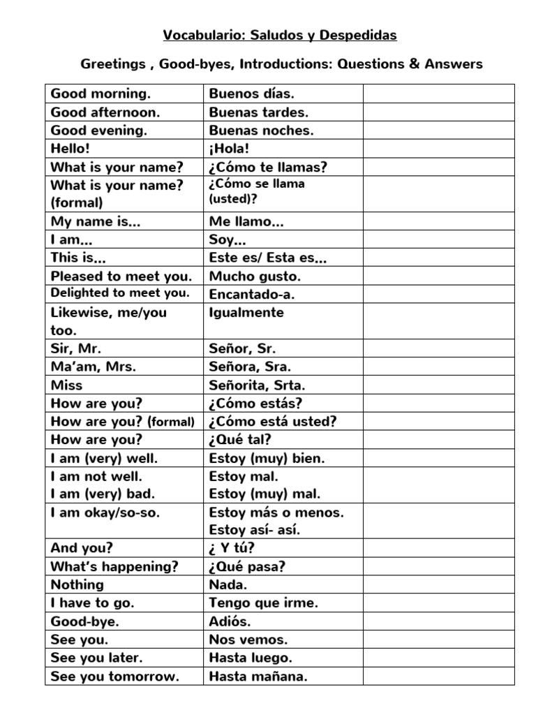 Vocabulario Esencial: Saludos y Despedidas | PDF | Artes del Lenguaje y ...