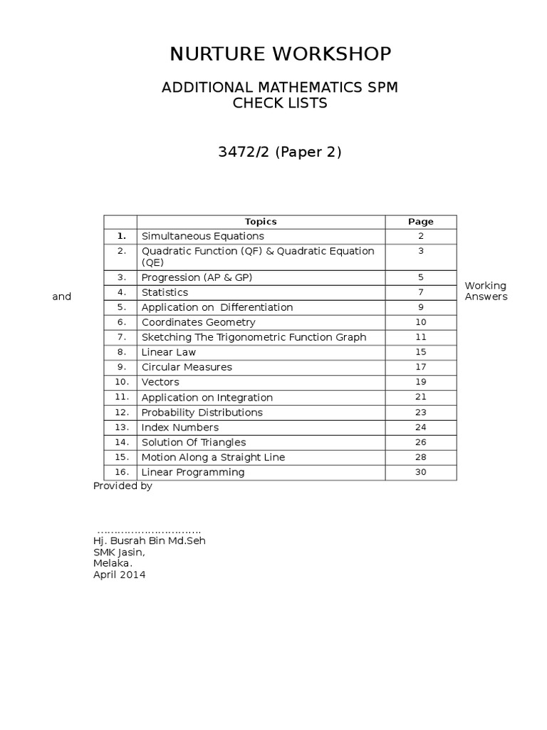 Additional Mathematics SPM Workshop Guide | PDF | Quadratic Equation ...