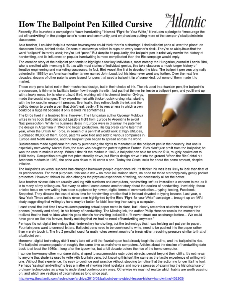 How The Ballpoint Pen Killed Cursive | PDF | Pen | Writing Implements