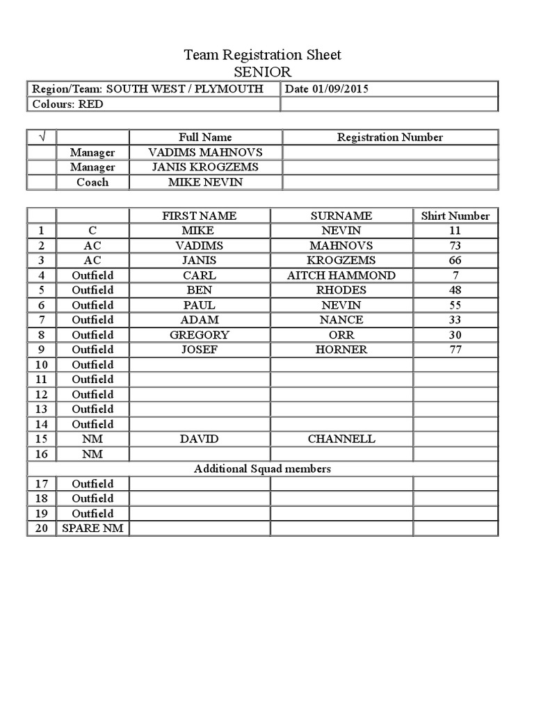 Team Registration Sheet | PDF | Sports & Recreation