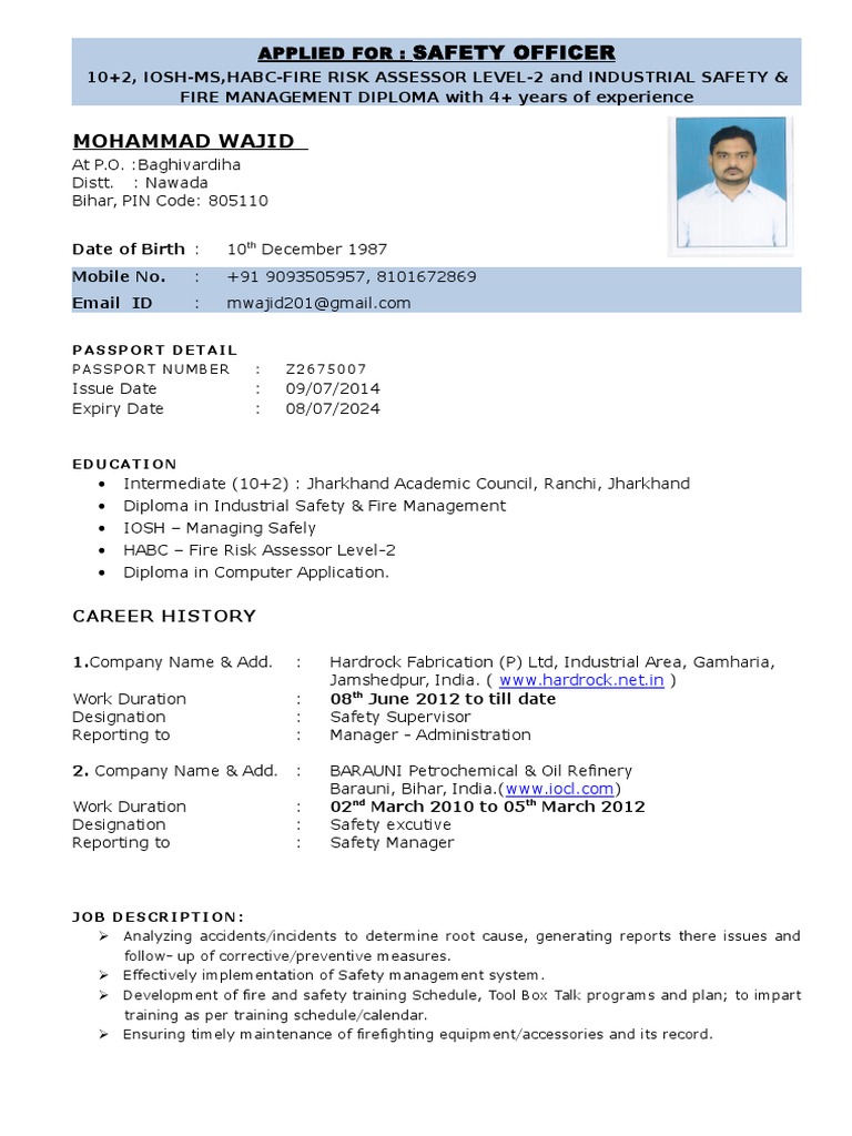 Md. Wajid CV Oil & Gas | PDF | Safety | Prevention