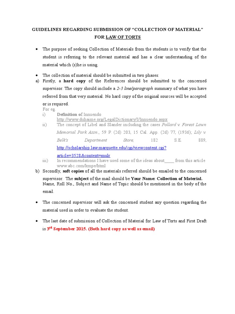 Submission Guidelines for Law of Torts Materials | PDF