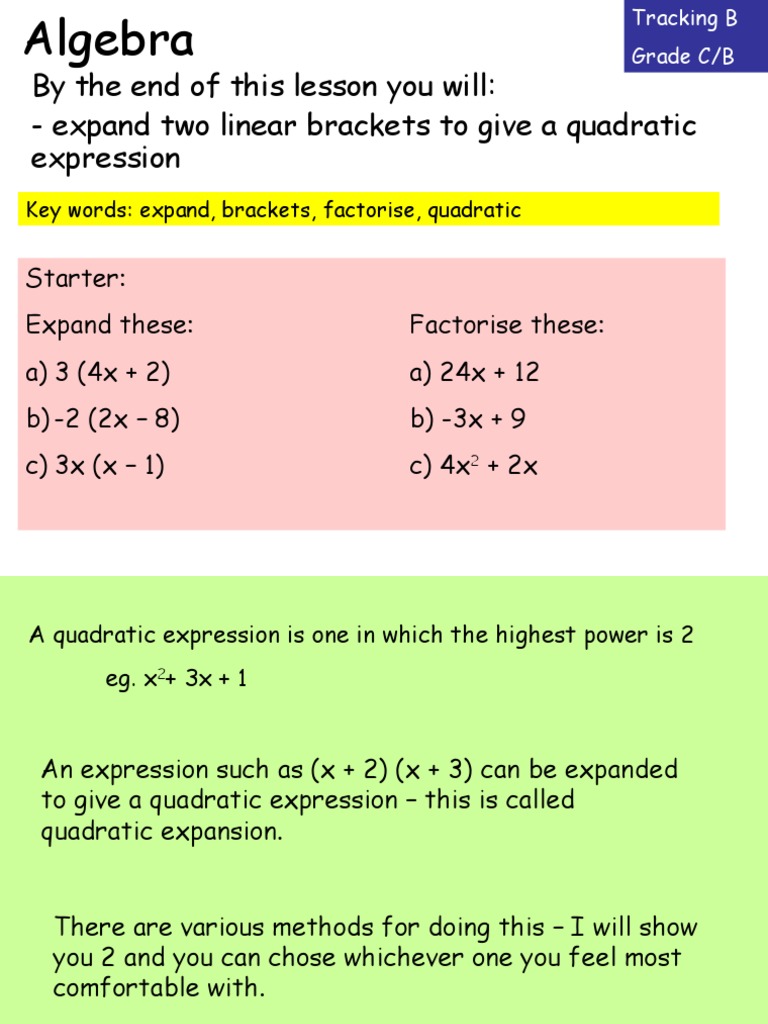 Expanding and Factorising Quadratics | PDF | Teaching Methods & Materials