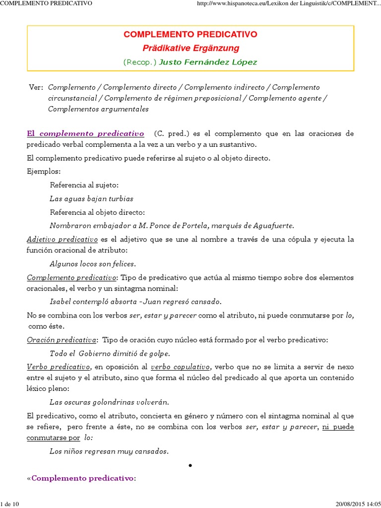 Complemento Predicativo | PDF | Predicado (Gramática) | Asunto (gramática)