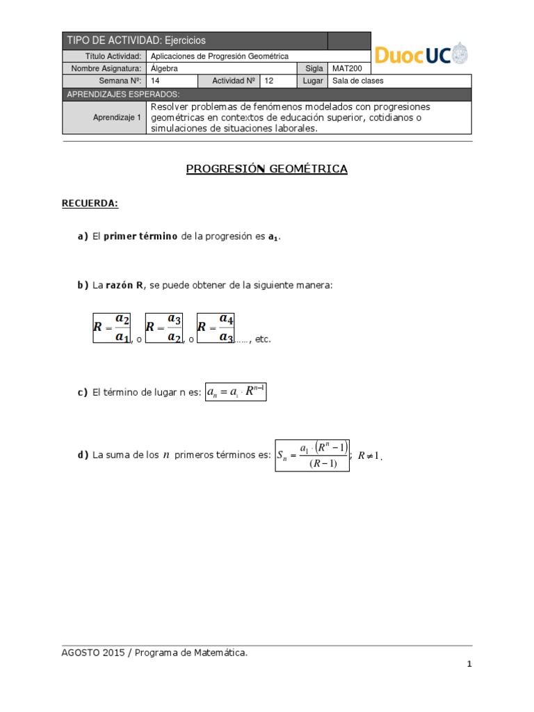 Guia Ejercicios N°12 Aplicaciones Progresion Geometrica | PDF | Fórmula | Ajedrez