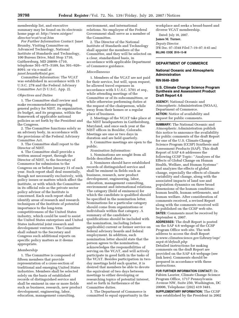 Notice: Reports and Guidance Documents Availability, Etc.: U.S. Climate ...