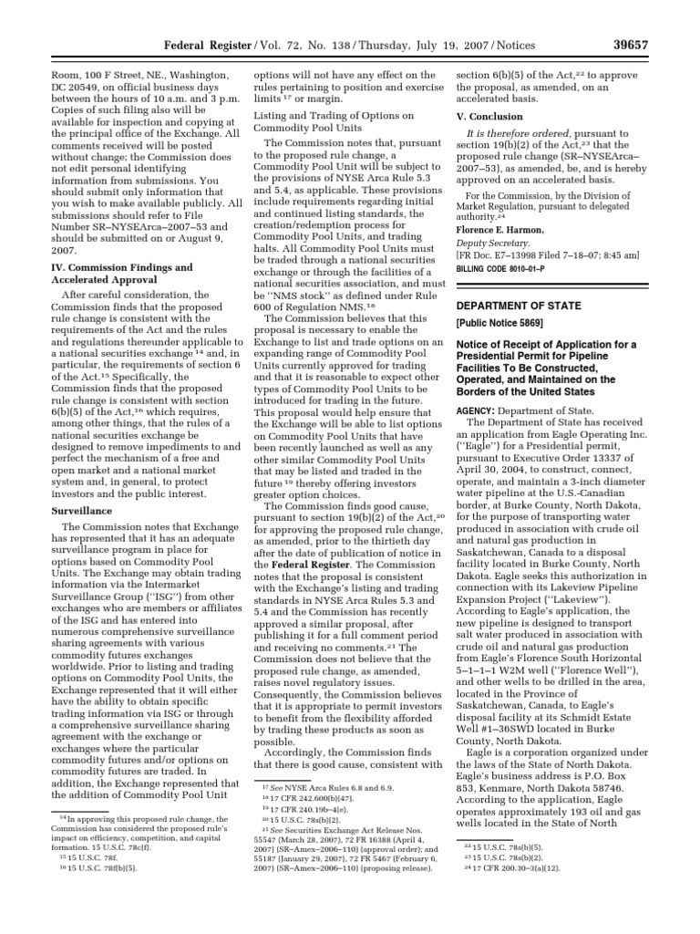 Notice: Presidential Permit Applications: Eagle Operating Inc. Pipeline ...