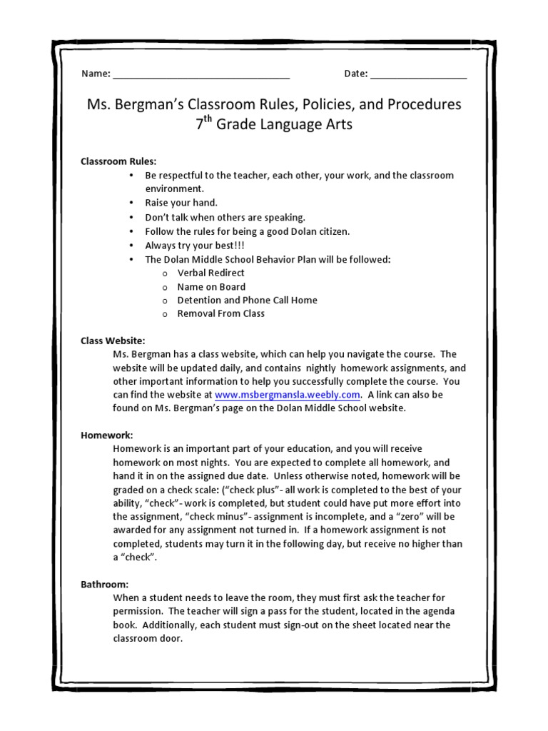 2015-2016 - Classrom Rules Policies and Procedures | PDF | Homework ...