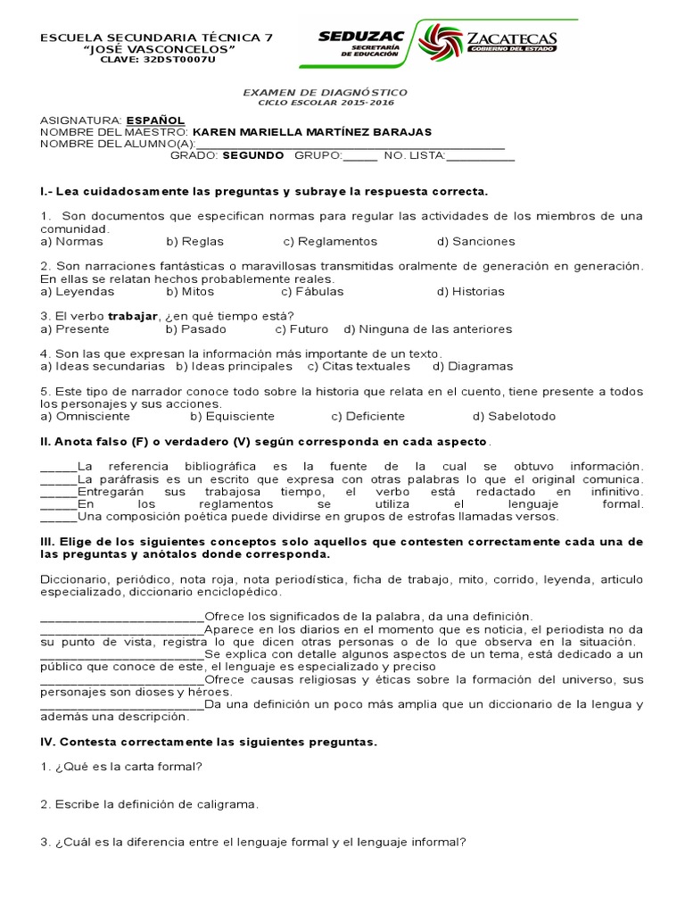 Examen Diagnóstico SEGUNDO Grado Secundaria Español | PDF | azteca
