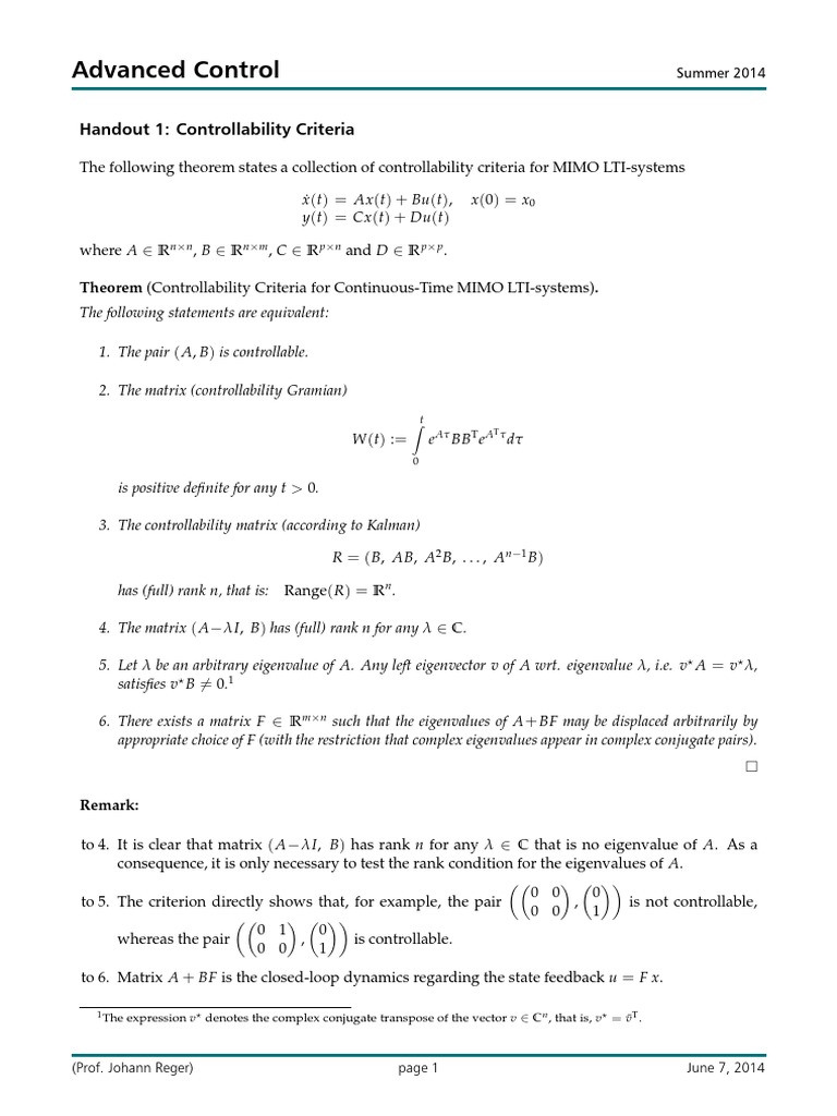 MIMO LTI Systems: Controllability & Observability | PDF | Eigenvalues And Eigenvectors | Matrix ...