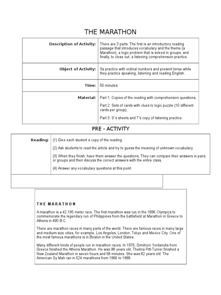 The Marathon: Pre - Activity | Download Free PDF | Marathon | Reading ...