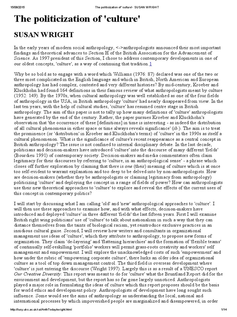 The Politicization of 'Culture' - SUSAN WRIGHT | PDF | Anthropology ... The Politicization of 'Culture' - SUSAN WRIGHT | PDF | Anthropology ...