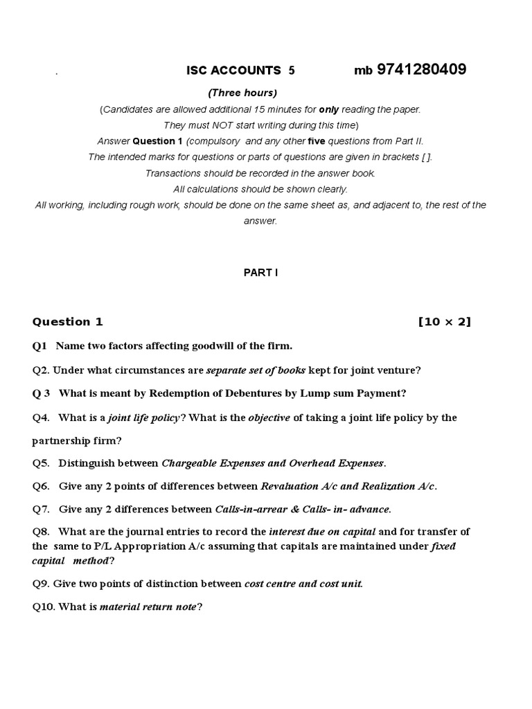 Isc Accounts 5 MB: (Three Hours | PDF | Equity (Finance) | Revenue