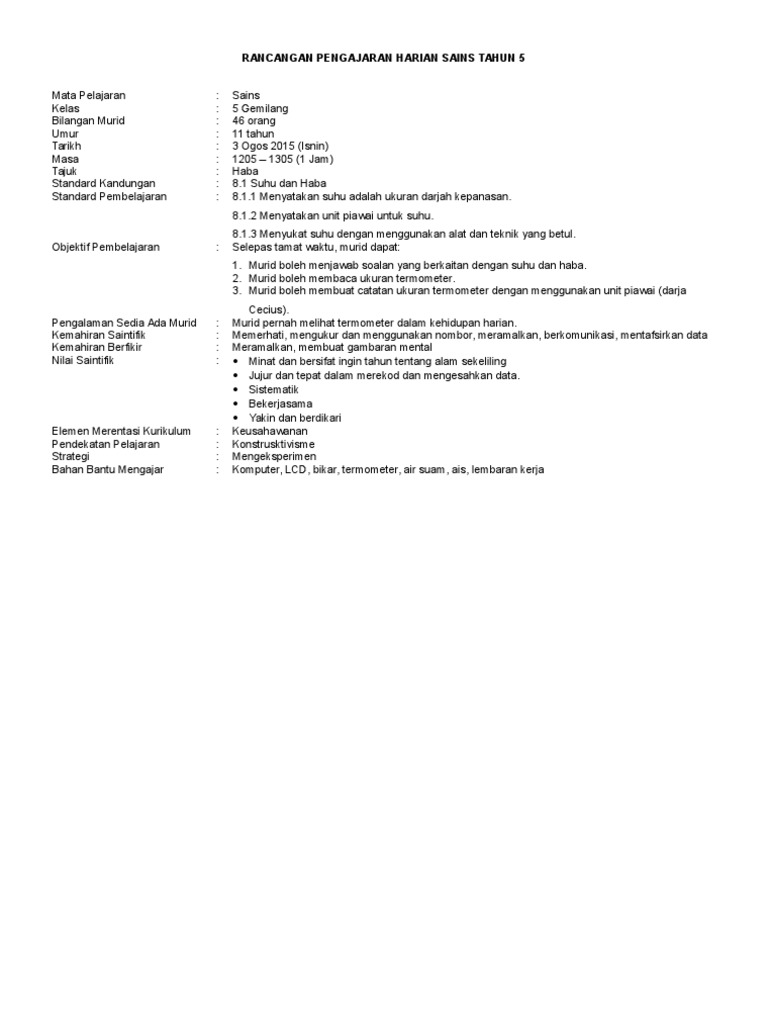 RPH Sains Tahun 5 | PDF