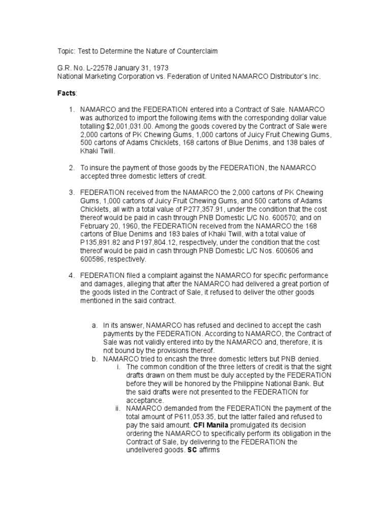 Namarco Vs Fed. United Namarco | PDF | Lawsuit | Letter Of Credit