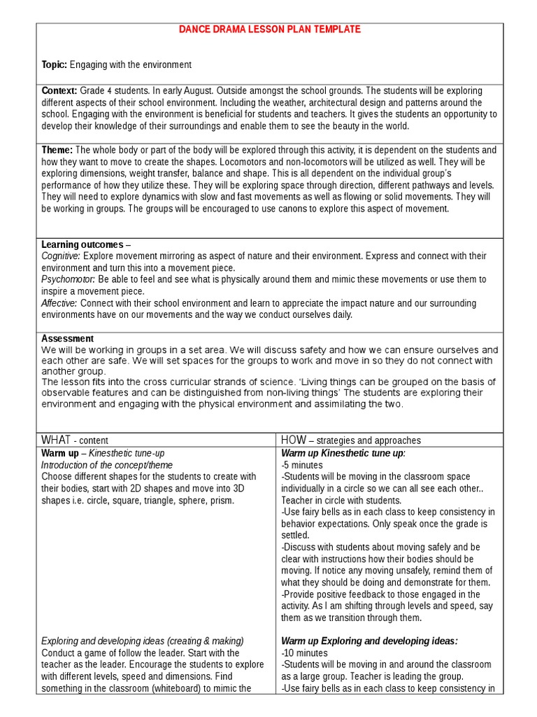 Dance Drama Lesson Plan Template | PDF | Classroom | Lesson Plan