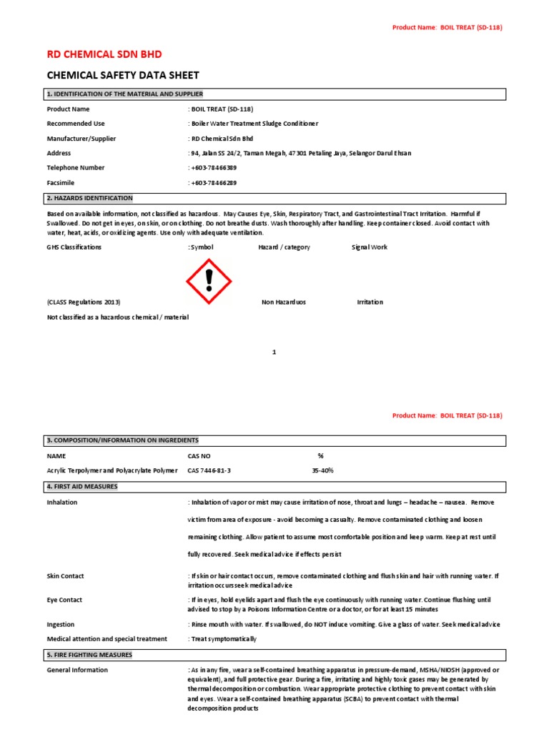 Safety Data Sheet for Boil Treat (SD-118) Boiler Water Treatment Sludge Conditioner | PDF ...