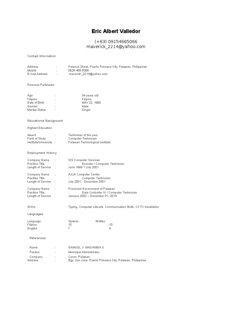 Eric Valledor: Computer Technician Resume | PDF