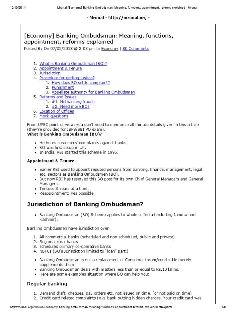 Banking Ombudsman - Meaning, Functions, Appointment, Reforms Explained ...