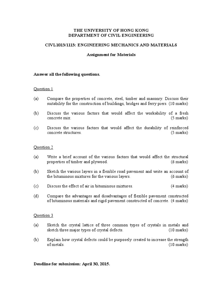 Civil Engineering Materials Assignment | PDF | Teaching Methods ...