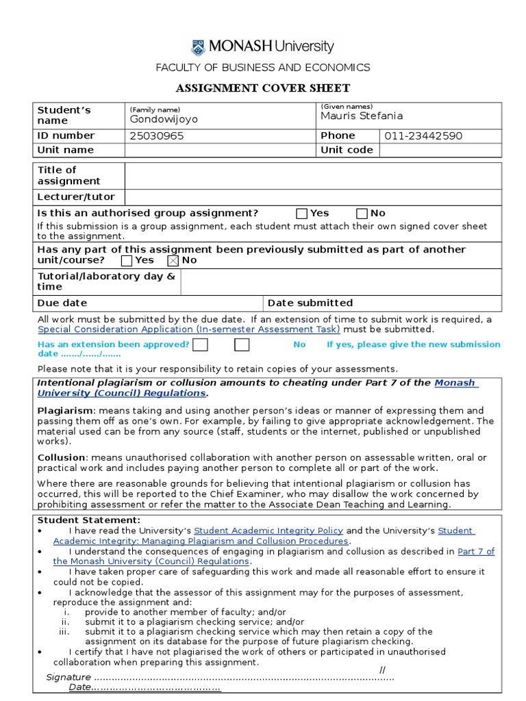 Student Assignment Cover Sheet for Unit XYZ | PDF | Academic Integrity | Plagiarism