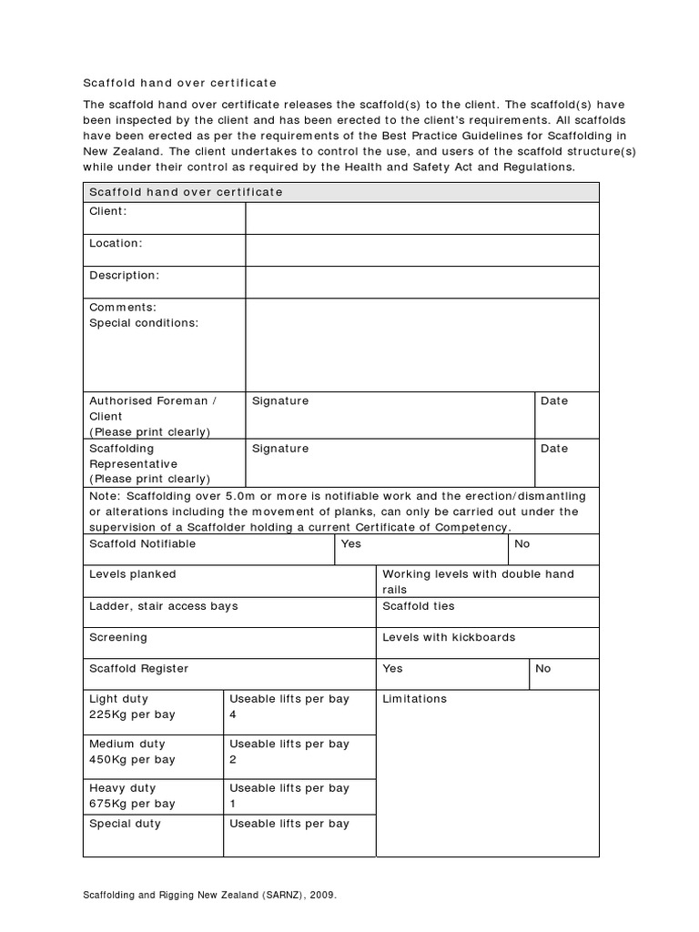 Scaffold Handover Certificate Template | PDF | Scaffolding | Business
