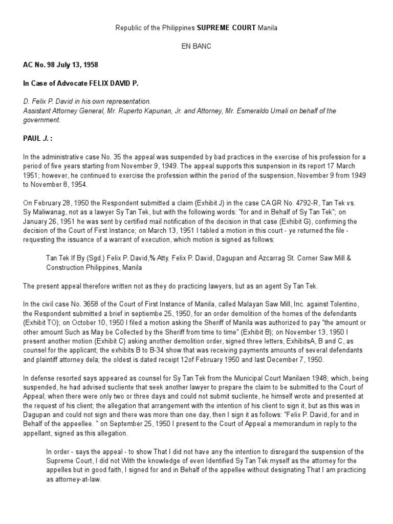 Adm. Case No. 98, July 13, 1953 | PDF | Lawyer | Virtue