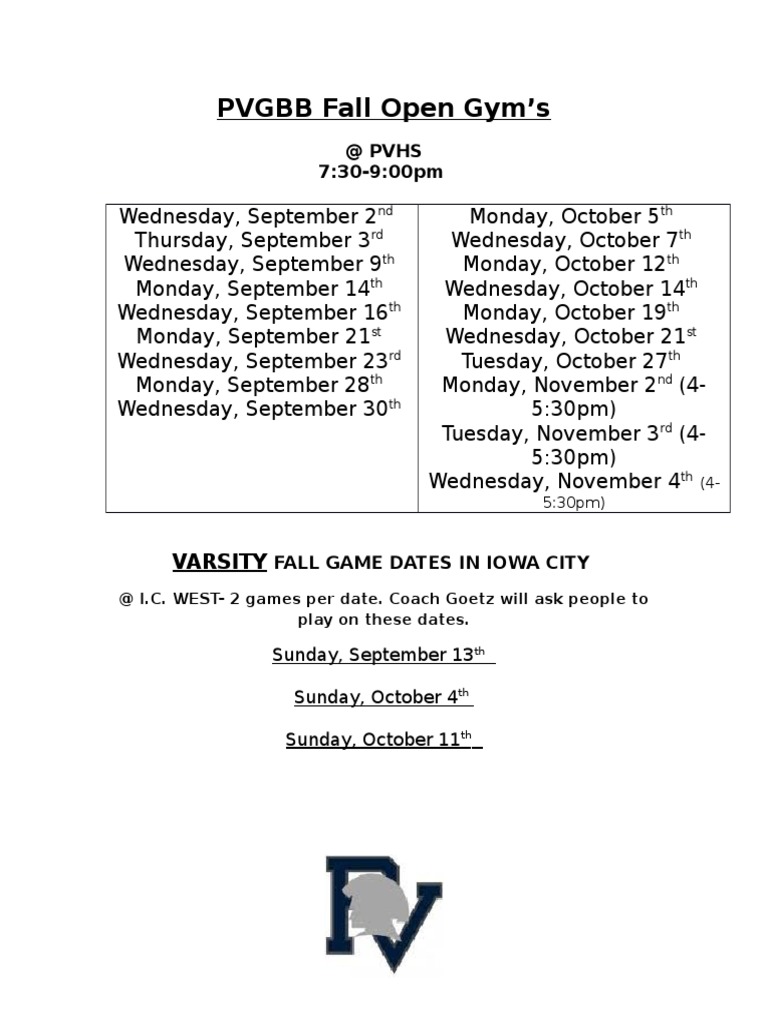 PVGBB Fall Open Gym Schedule 2023 | PDF