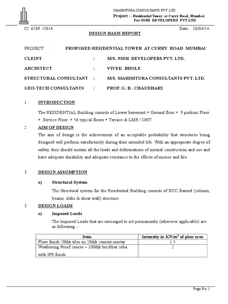 DBR Structural Design Basis Report Avigna | PDF | Reinforced Concrete ...